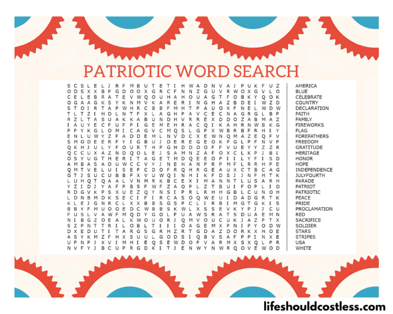 Patriotic Word Search Puzzles (free printable PDF) - Life Should Cost Less